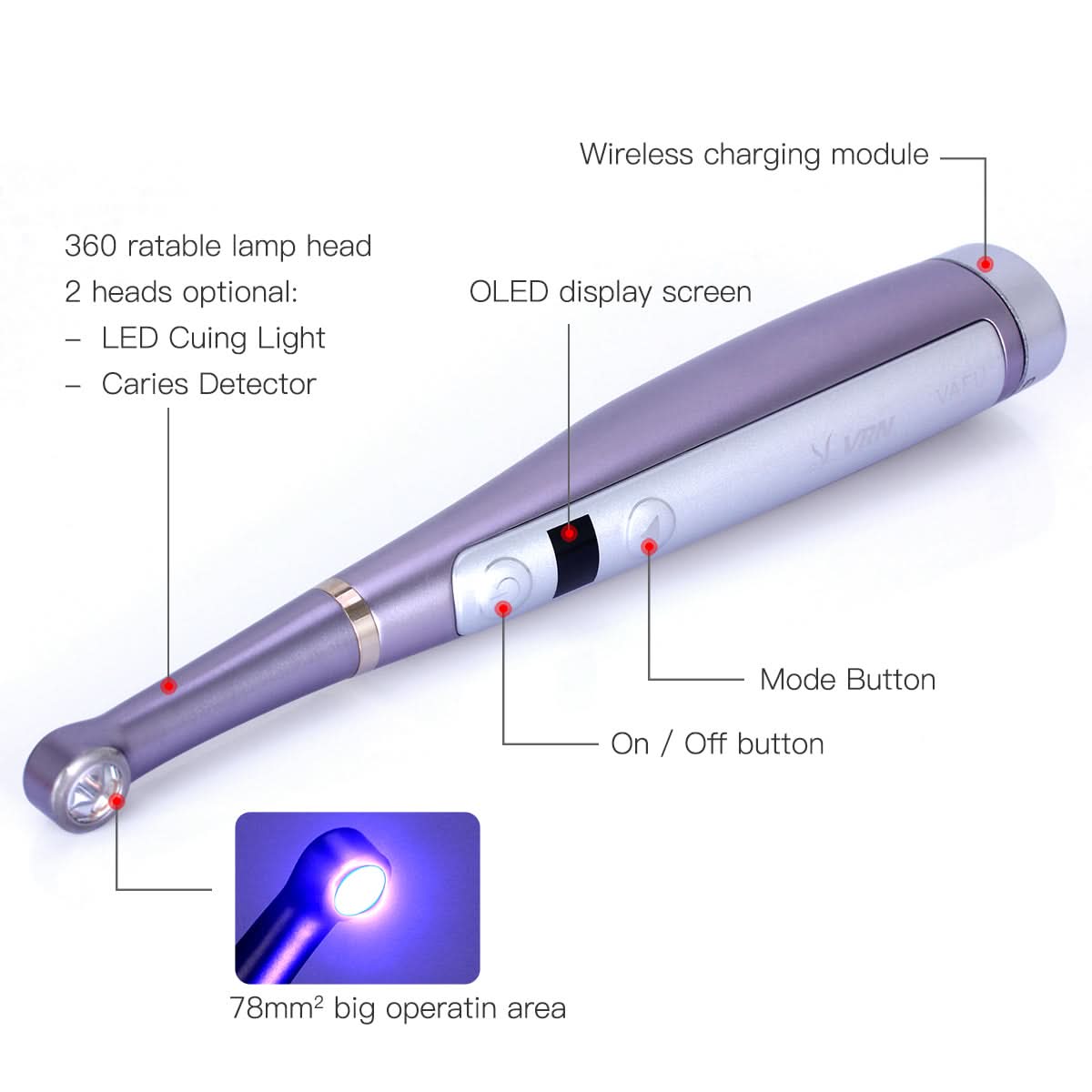 VAFU LED Curing Light Cordless 1 Sec Cure Wide Specturm Metal Body OLE ...